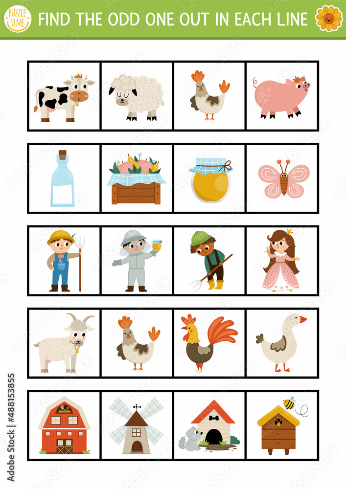 Find the odd one out. On the farm logical activity for children. Farm educational quiz worksheet ...