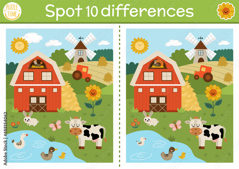 Find differences game for children. On the farm educational activity ...