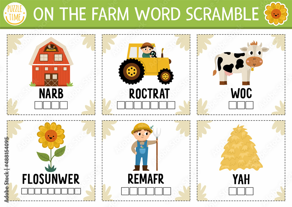 Vector on the farm word scramble activity page. English language game ...