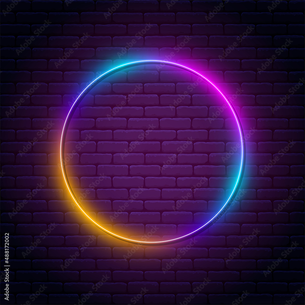 Round neon sign. Bright neon light, illuminated round frame. Glowing ...