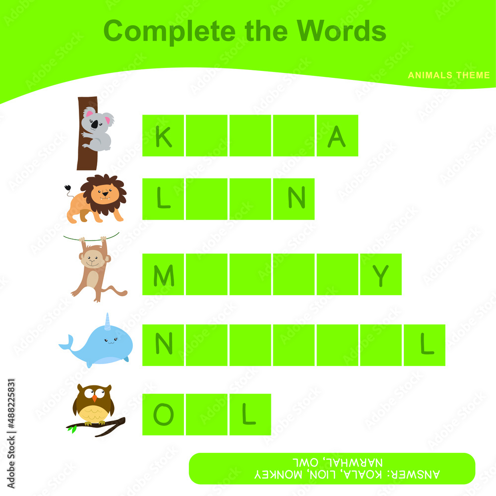 What letters are missing? Complete the words. Animals Theme Names ...
