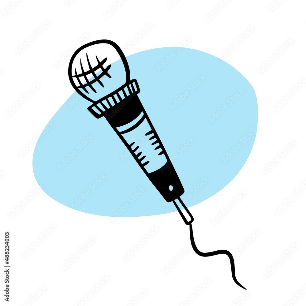 Vector black and white illustration of a lineart wired microphone in a ...