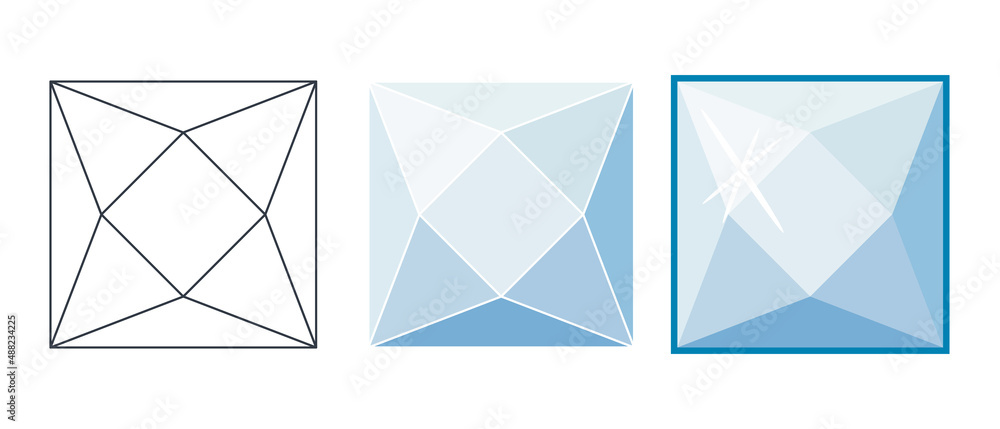Drawing in vector of a blue gem in the shape of a square. Three stages ...
