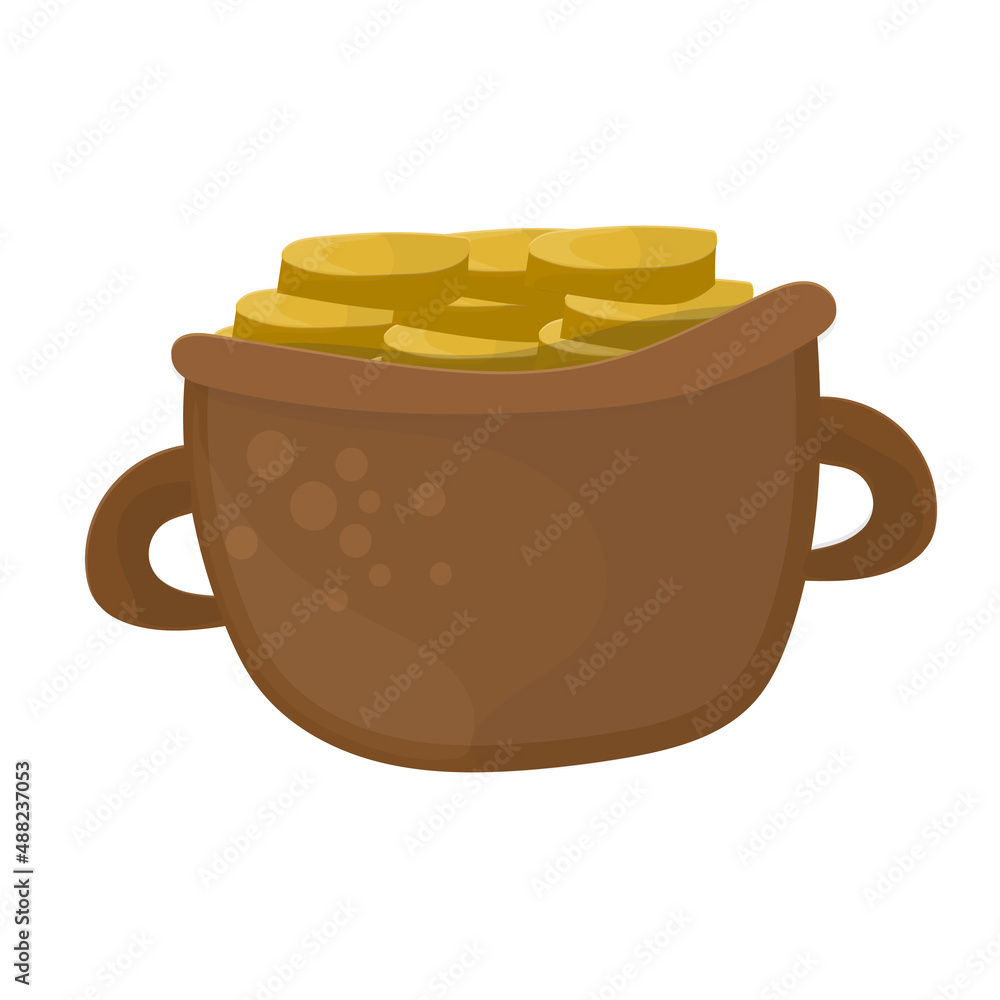 Brown cartoon pot is filled with gold coins. Vector illustration on ...