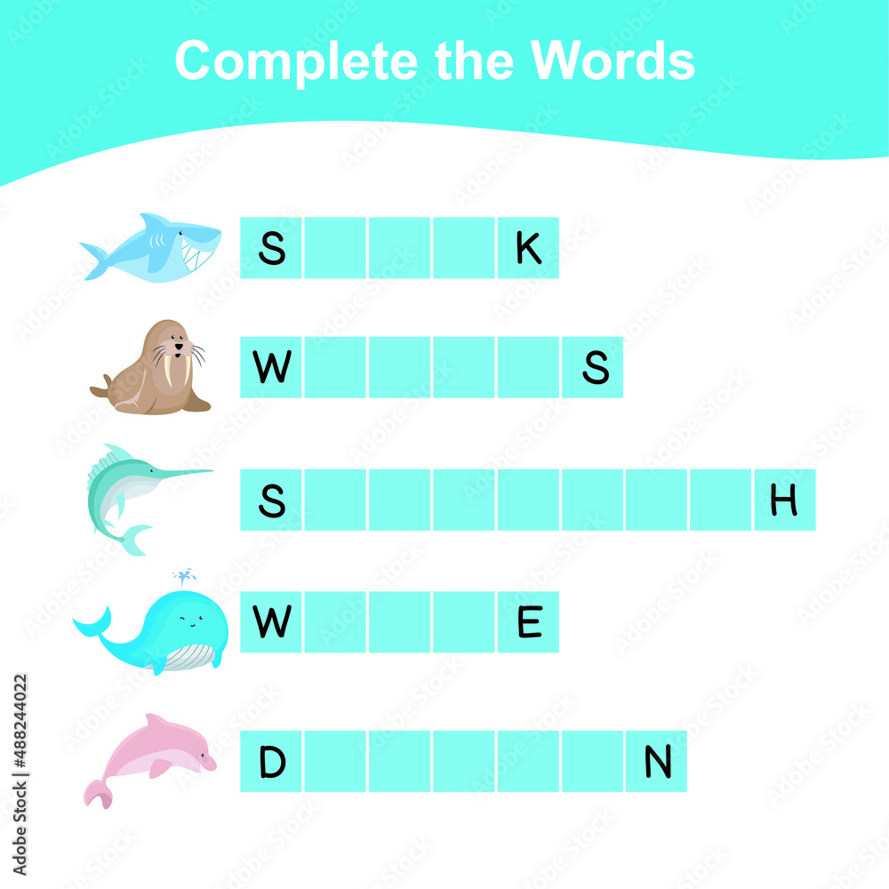 What letters are missing? Complete the words. Sea animals Theme Names ...