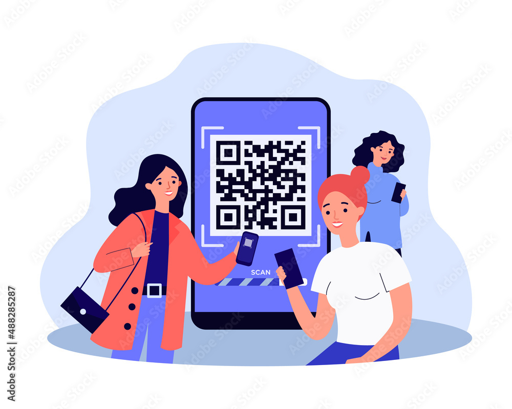 Female cartoon characters scanning QR codes with smartphones. Huge mobile phone with barcode in ...