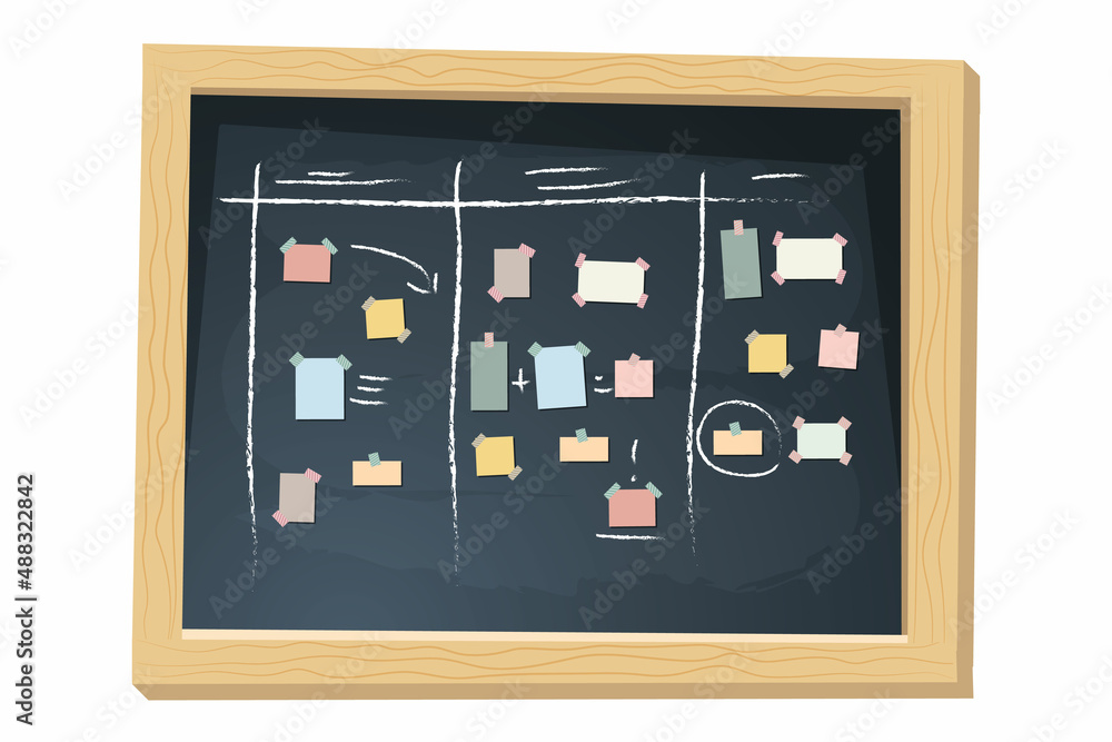 Planning board with sticky notes. Task board with table scheme and ...