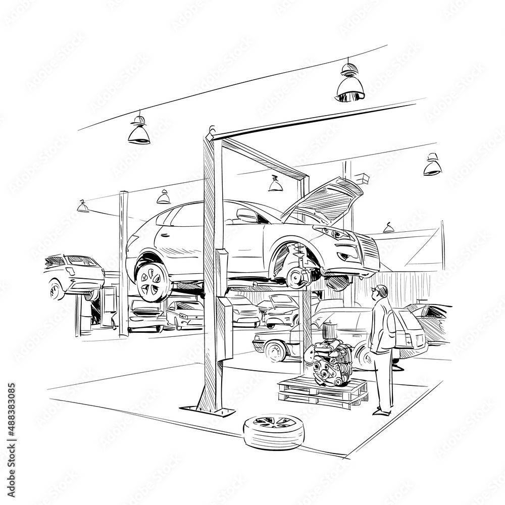 Car showroom exterior design sketch. Hand drawn vector illustration ...