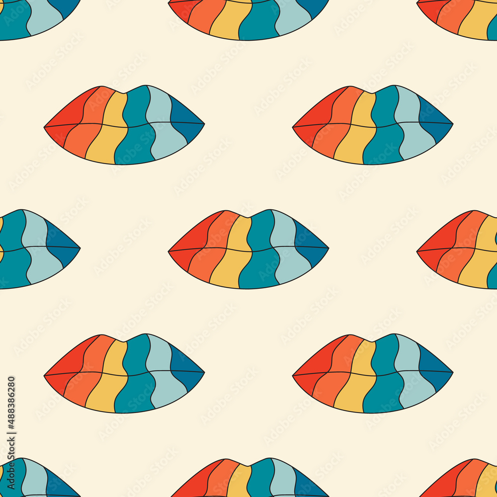 70s seamless vector pattern with vintage groovy lips. Psychedelic ...