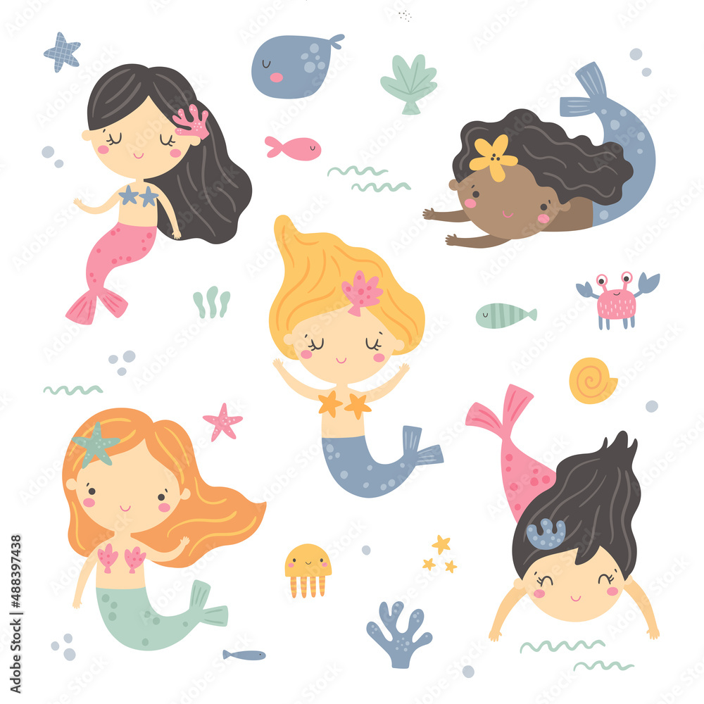 vector set of cute baby girl mermaids Stock Vector | Adobe Stock