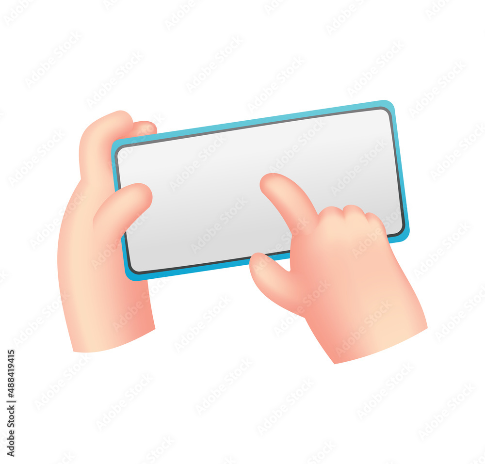 Cartoon hands with phone. Human holding phone with empty screen. Mock ...