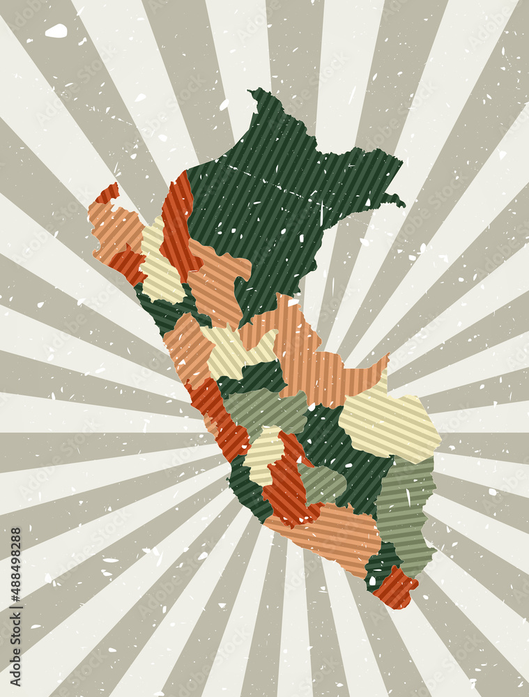 Peru vintage map. Grunge poster with map of the country in retro color ...