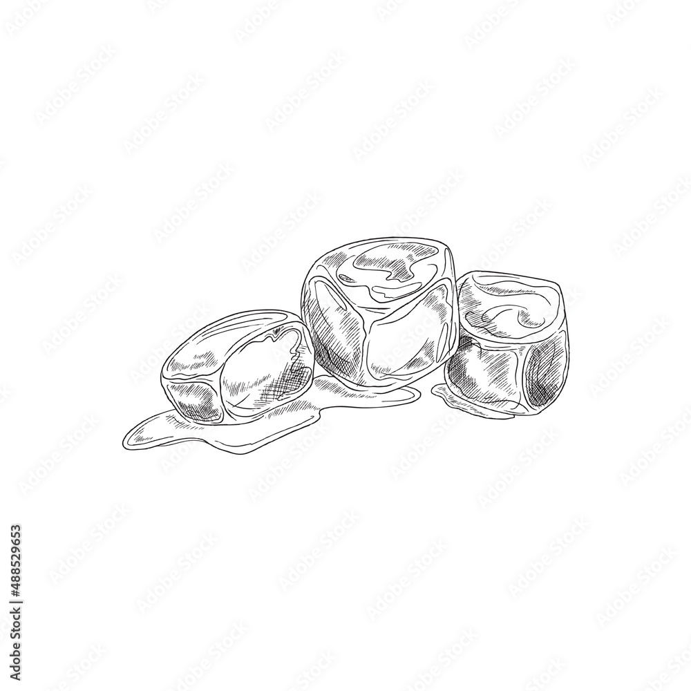 Melting ice cubes, hand drawn sketch vector illustration isolated on ...