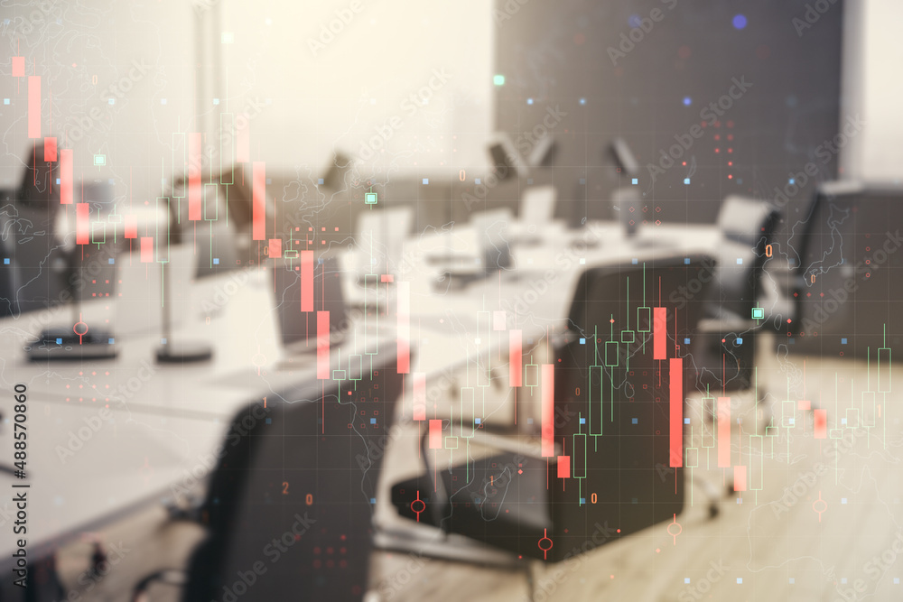 Double exposure of abstract virtual global crisis chart and world map ...