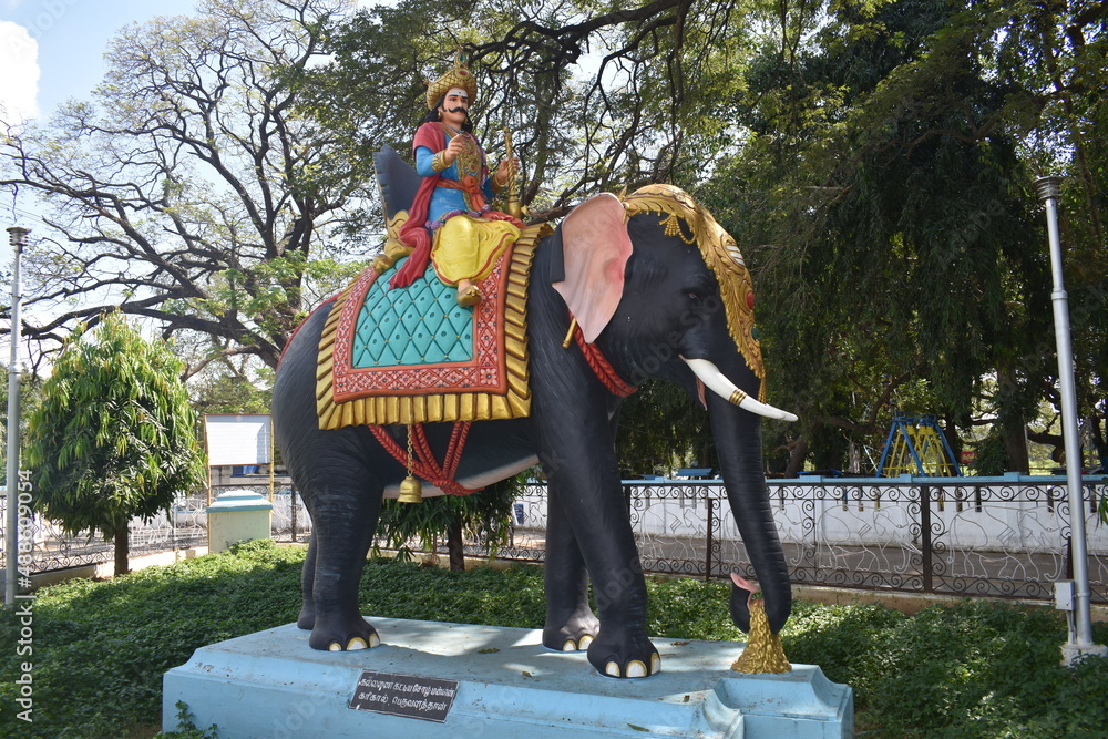 statue of Karikala Cholan riding on elephant who built kallanai dam ...