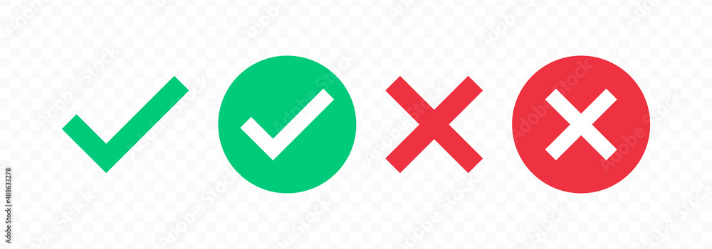 Check mark and cross mark icon set. Green checkmark and red crossmark symbols isolated on ...