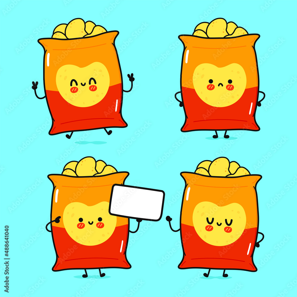 Funny cute happy chips characters bundle set. Vector kawaii line ...
