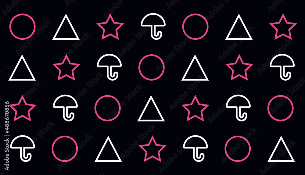 Squid Game pattern. Pink and white circle, triangle, star and umbrella ...