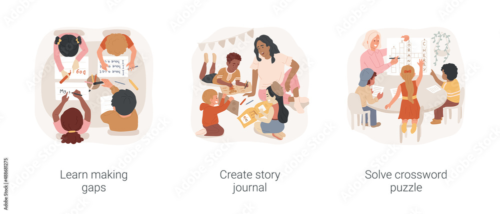 Kindergarten curriculum isolated cartoon vector illustration set. Learn ...