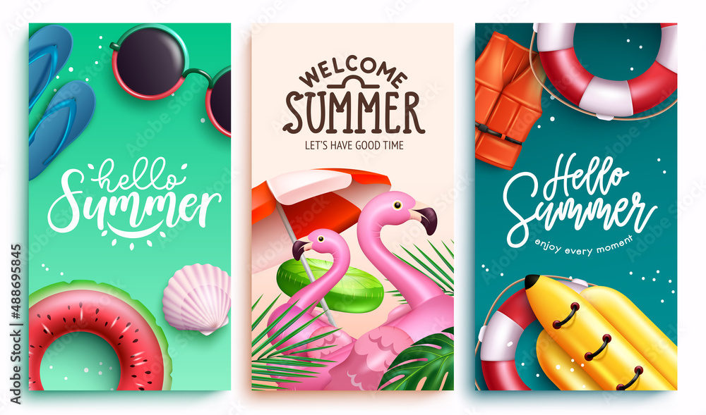 Summer vector poster set design. Summer season text with outdoor ...