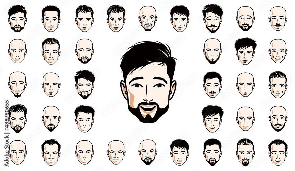 Handsome men faces and hairstyles heads vector illustrations set ...