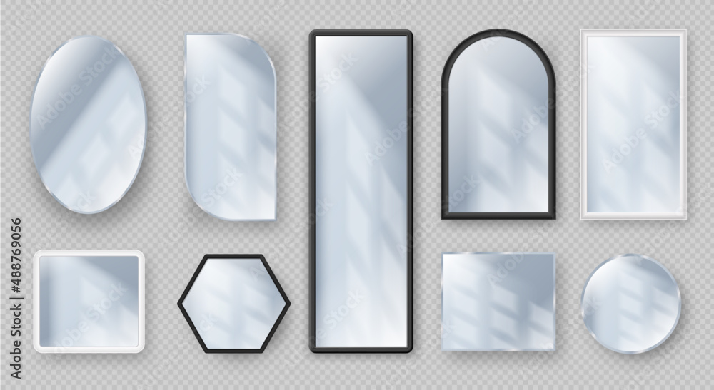 Realistic round and square mirrors in frames with light reflection ...