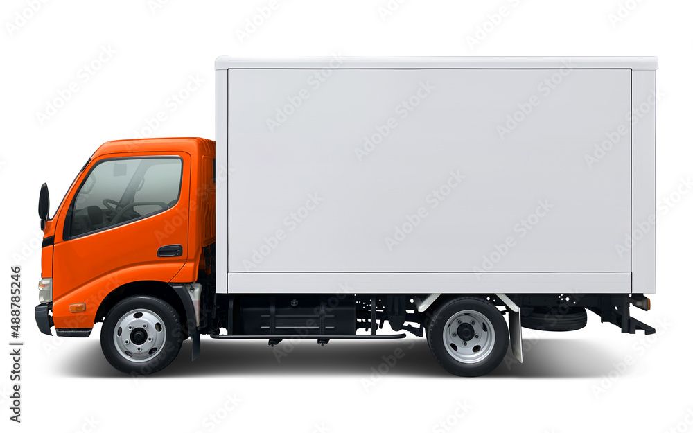 Small modern delivery truck with orange cab and white box body. Side ...