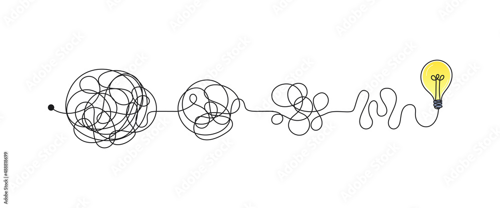 Complex messy connected lines as concept of chaos solving. Process of problem simplifying in ...