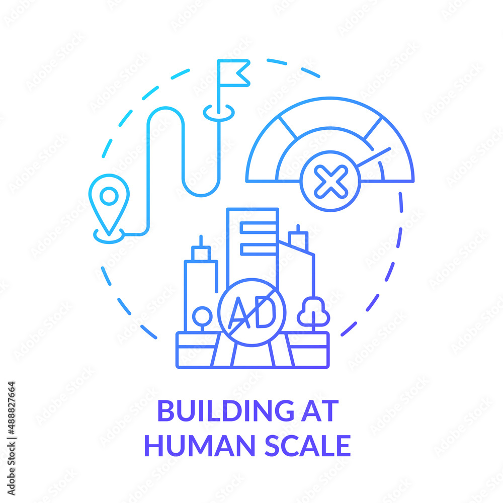 Building at human scale blue gradient concept icon. Comfortable city ...