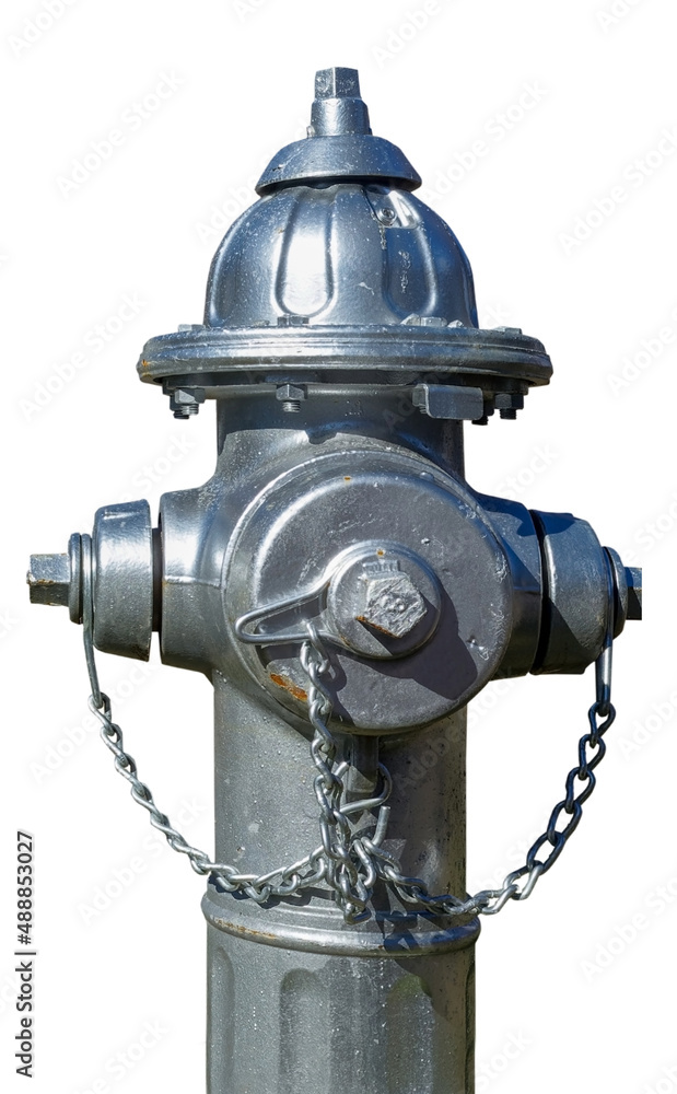 Newly repainted silver fire hydrant. Isolated. Stock Photo | Adobe Stock
