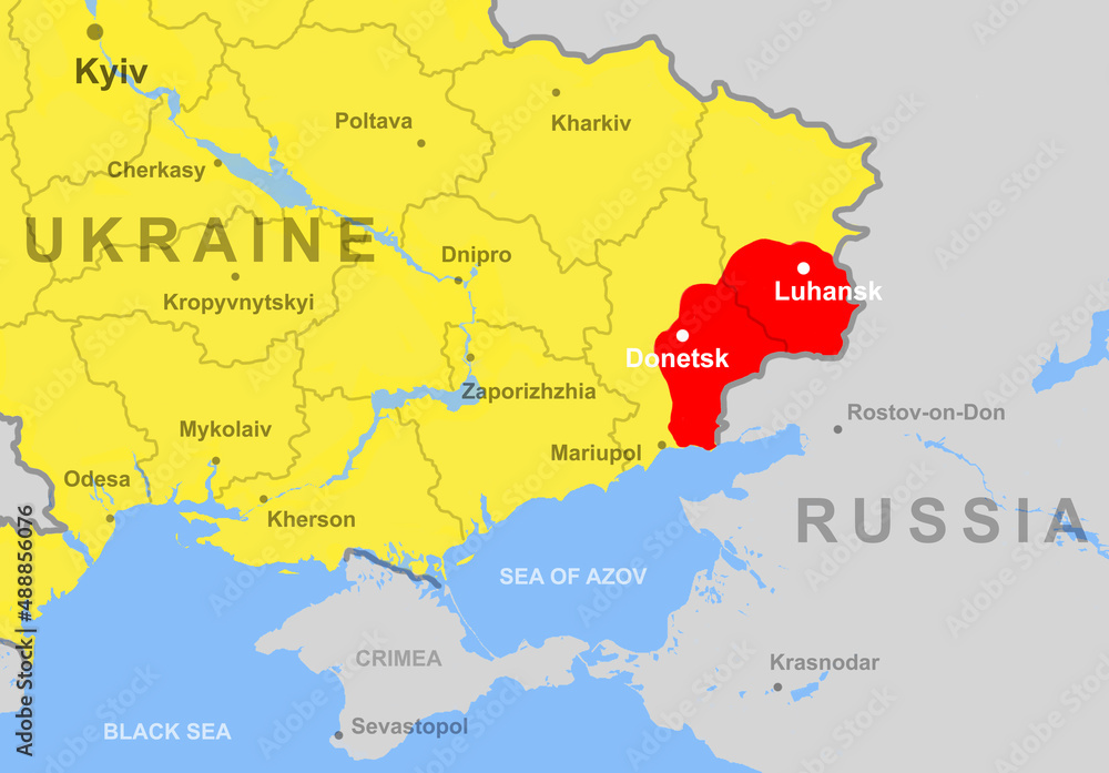 Ukraine and Russia on map, Donetsk and Luhansk regions (Donbass) Stock ...