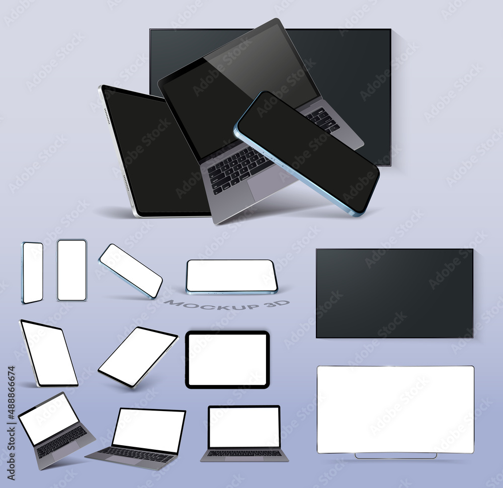 Minimalistic 3d isometric set devices. Smartphone, laptop, tablet, TV ...