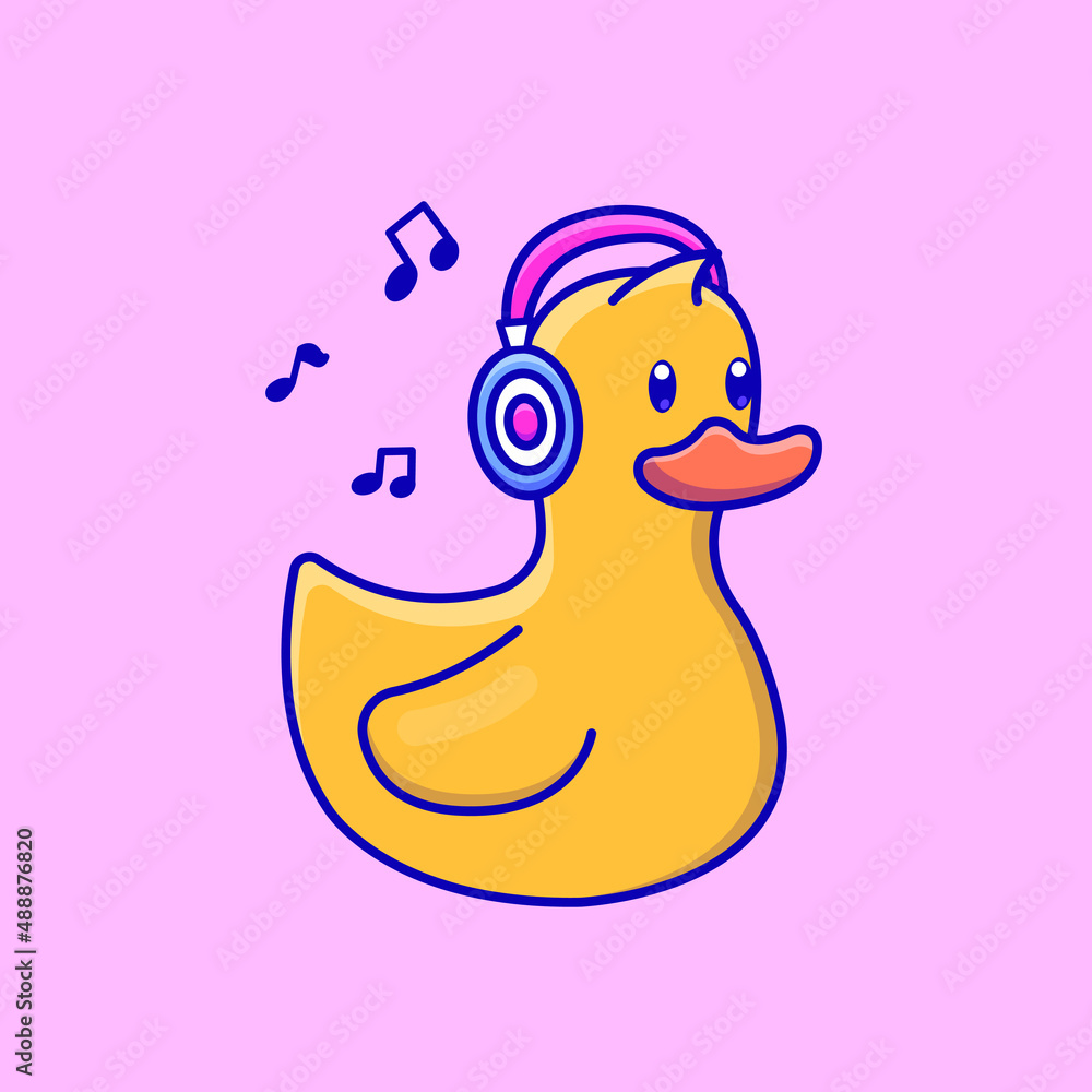 Cute cartoon duck wearing headphones in vector illustration. Animal ...