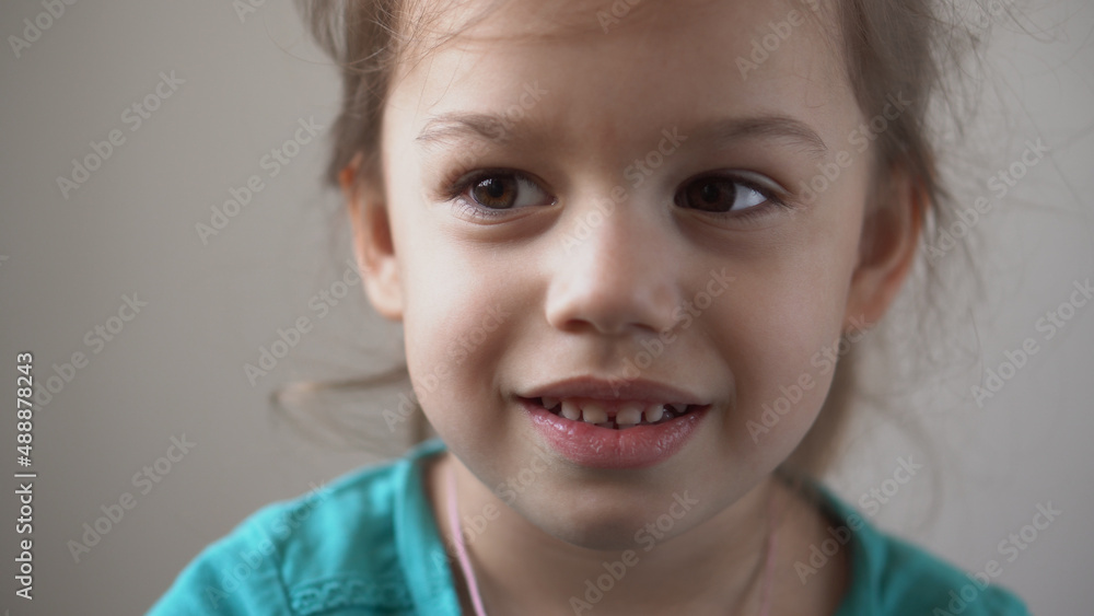Portrait Funny Happy little kid close up happy preschool girl smiling ...