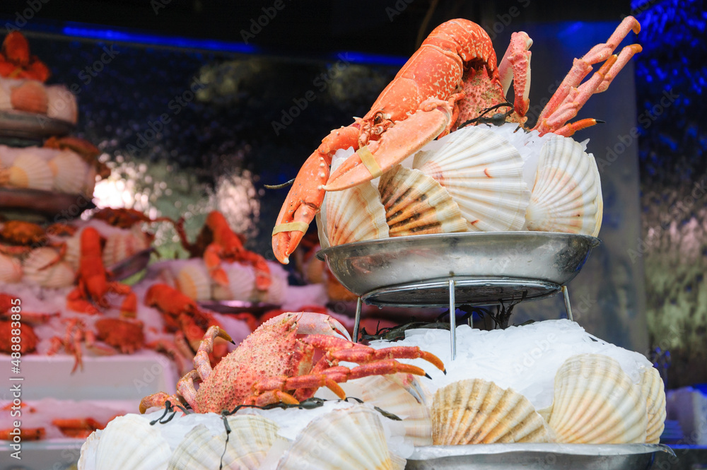 Fresh seafood pyramid at traditional seafood restaurant in Paris ...