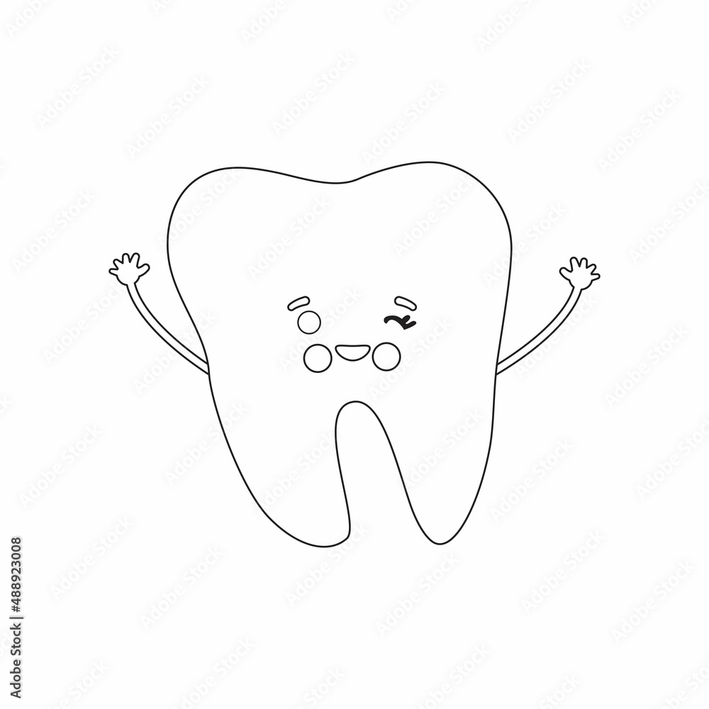 Cartoon tooth character. Vector black and white coloring page. Stock ...