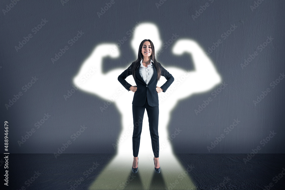 Victory, success and strong woman concept with confident businesswoman ...