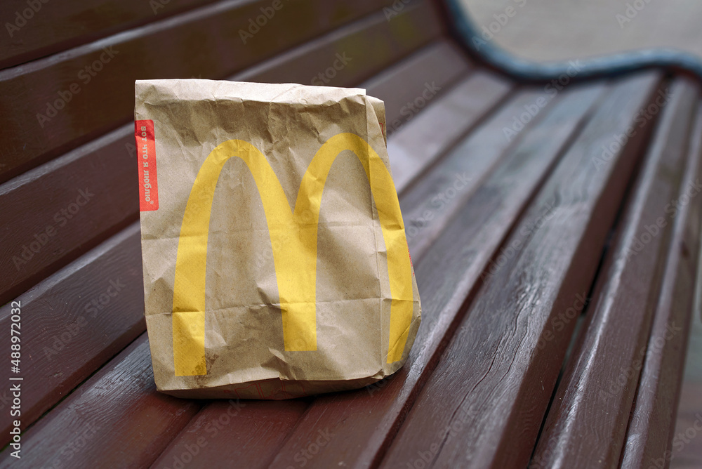 Minsk, Belarus. May 2021. Paper bag McDonald`s purchased at McCafe ...