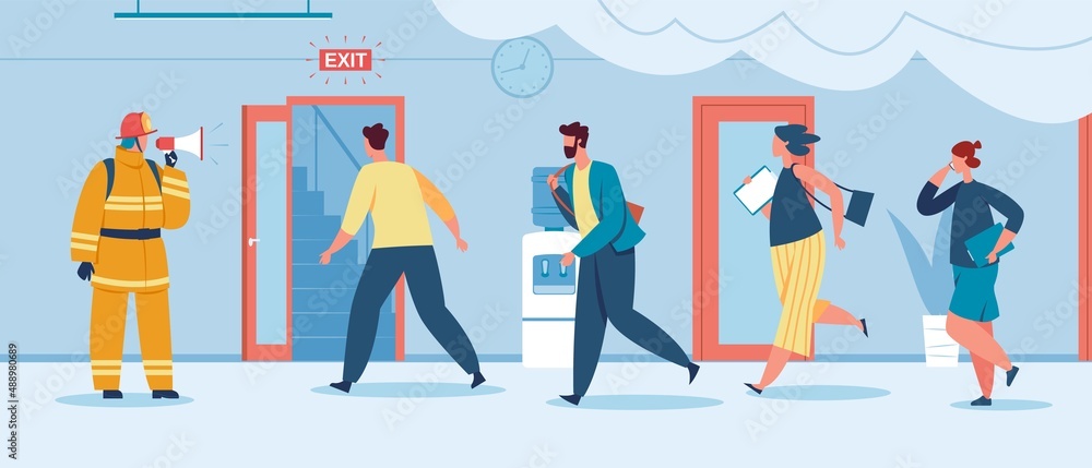 Emergency evacuation procedure, evacuating people burning office ...
