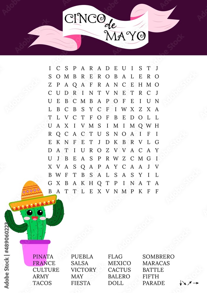 Cinco de Mayo word search puzzle. Federal holiday in Mexico. Logic game ...