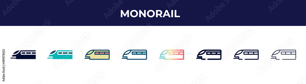 monorail icon in 8 styles. line, filled, glyph, thin outline, colorful, stroke and gradient ...