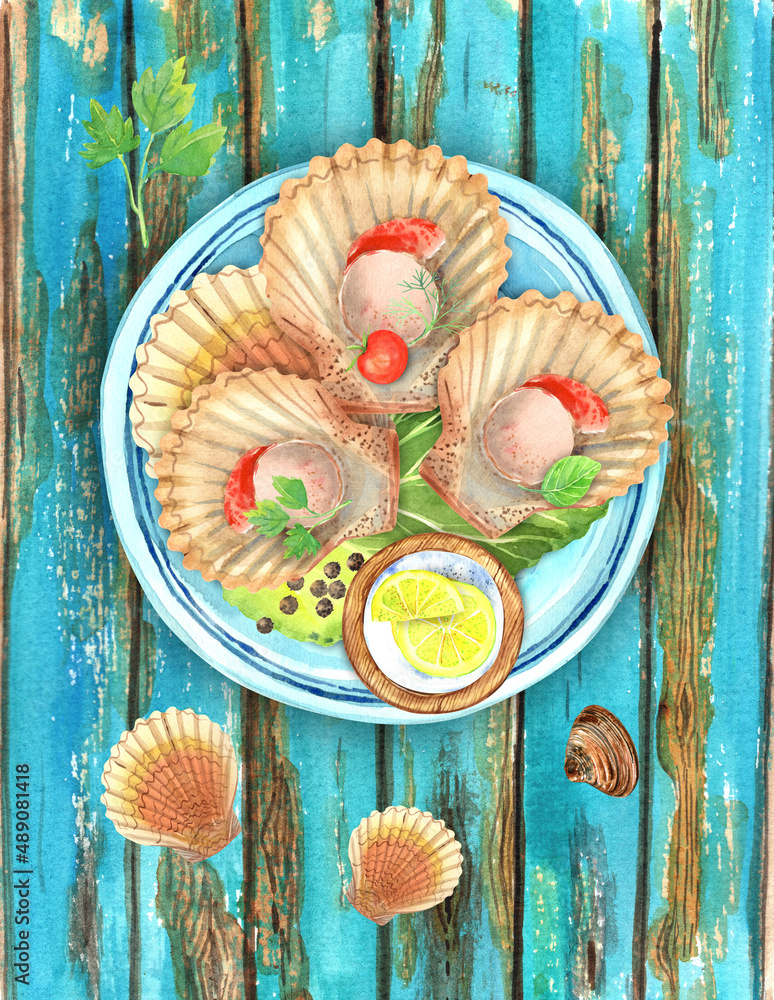 Stock-Illustration „Watercolor seafood. Crawfish Boil, Shrimps, Seafood ...