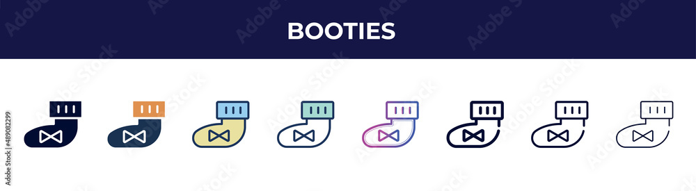 booties icon in 8 styles. line, filled, glyph, thin outline, colorful ...