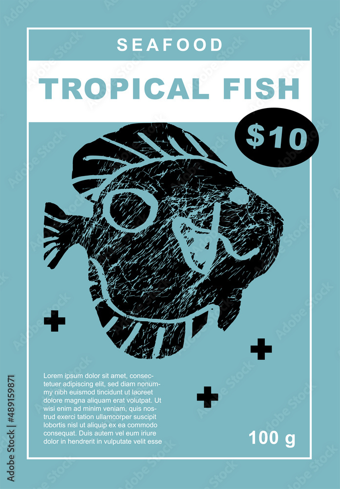 Tropical fish. Set of posters of fishes and seafood in a abstract draw ...