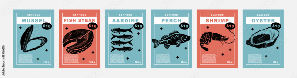 Mussel, fish steak, sardine, perch, shrimp, oyster. Set of posters of ...
