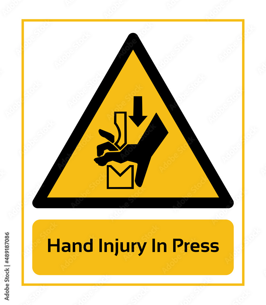 Hand Injury In Press. Warning Signs. ISO 7010 Sign. Signs of Danger And ...