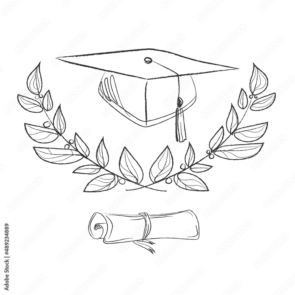 Graduation cap with diploma, laurel wreath and branch vector ...