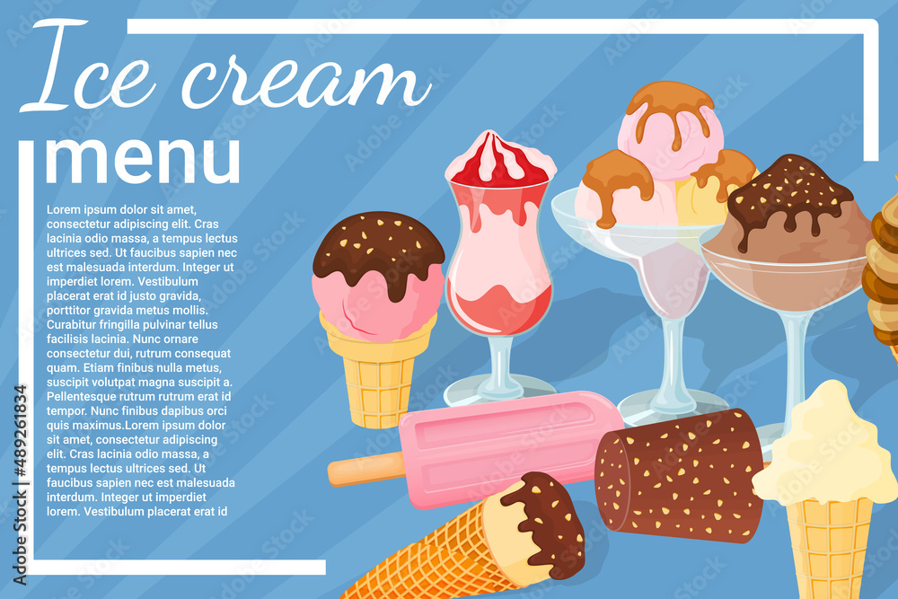 Ice cream menu on a blue background.Sweet summer dessert.Vector ...