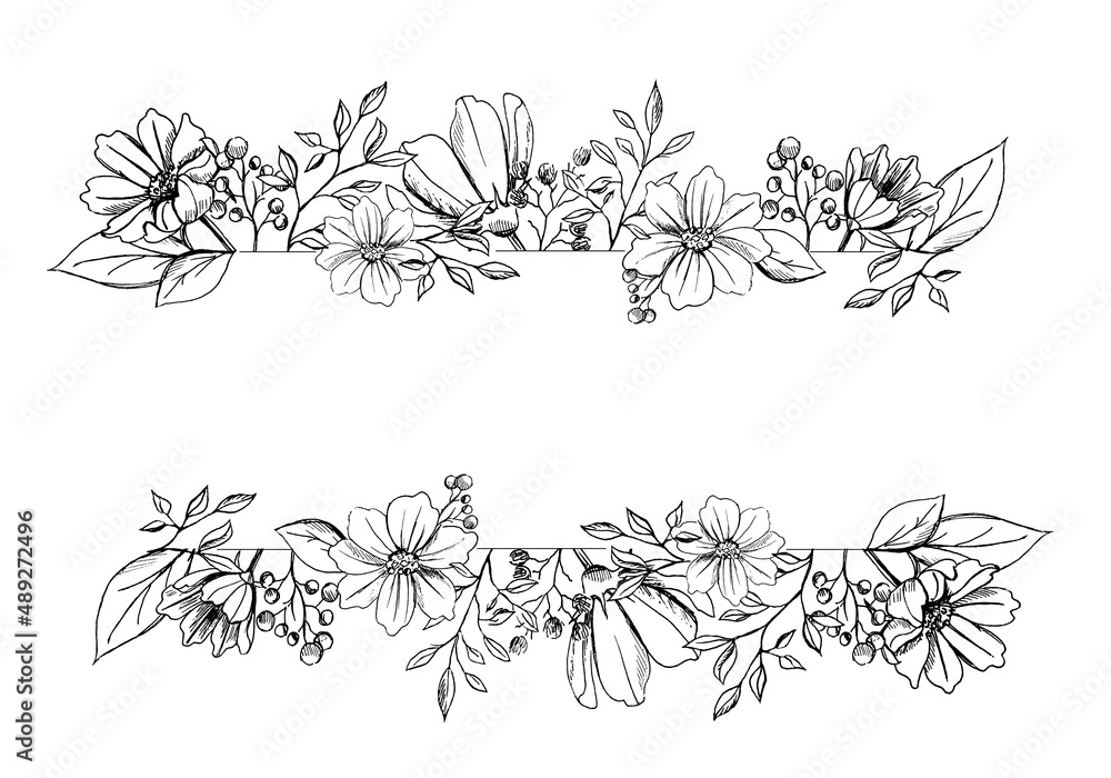 Graphic floral banner with leaves and flowers isolated on white ...