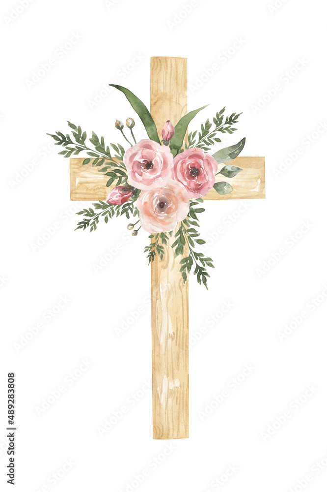 Cross Clipart, Watercolor Christian wooden cross With florals bouquet ...
